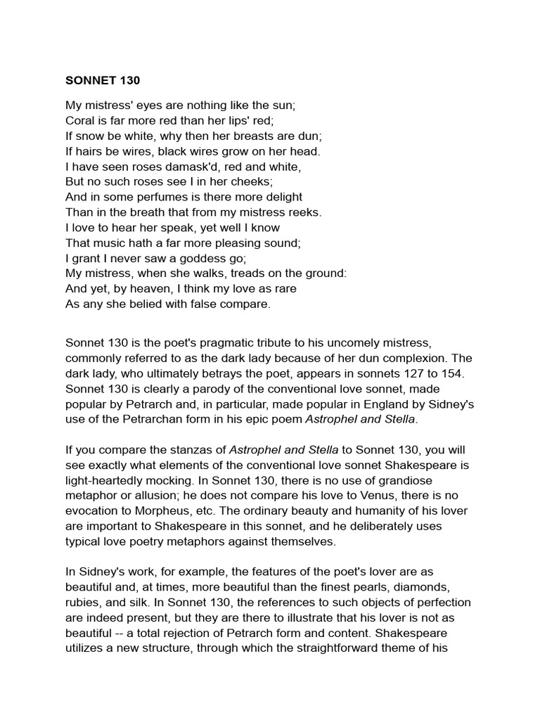 Eng2602 Poem Sonnet 130 | PDF | Sonnets | Stanzaic Form