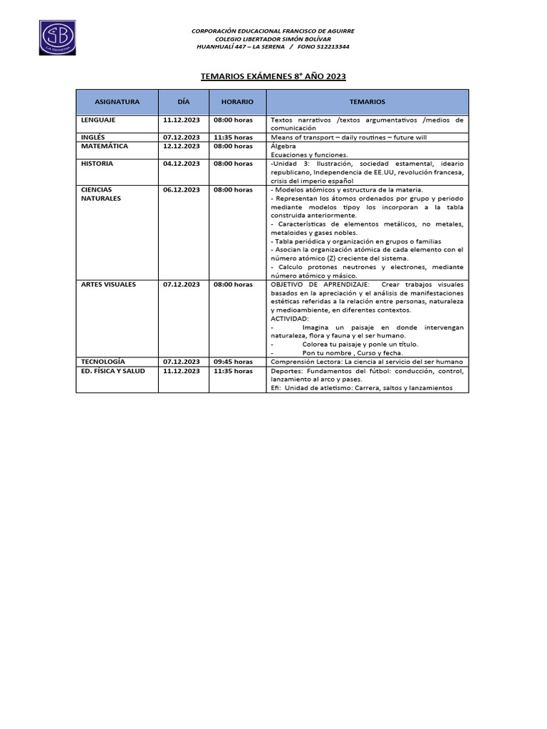 Temarios Exã Menes 8â° Aã o 2023 | PDF