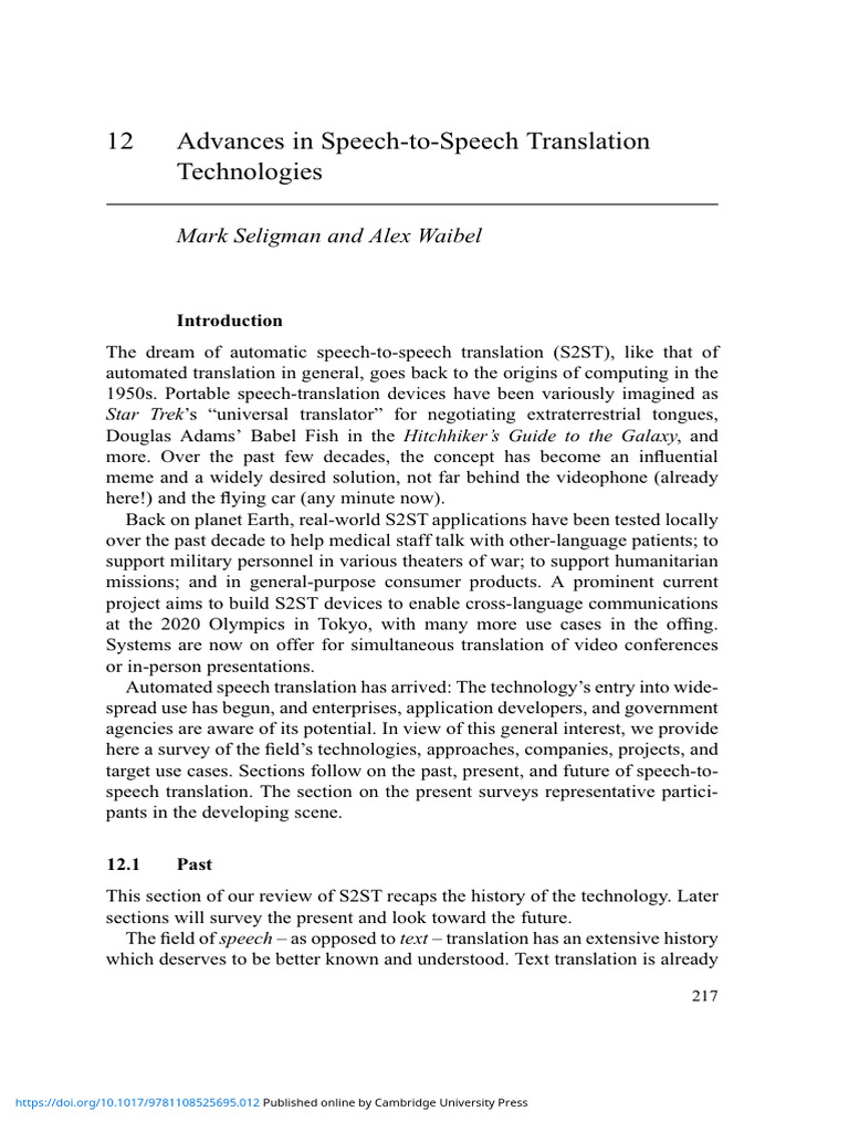 Advances in Speech To Speech Translation Technologies | PDF | Speech Recognition | Translations