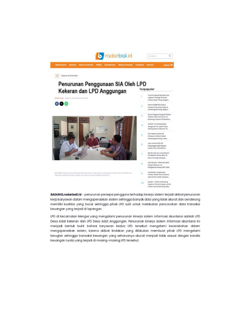 Penurunan Kinerja SIA Oleh LPD Kekeran Dan LPD Anggungan | PDF