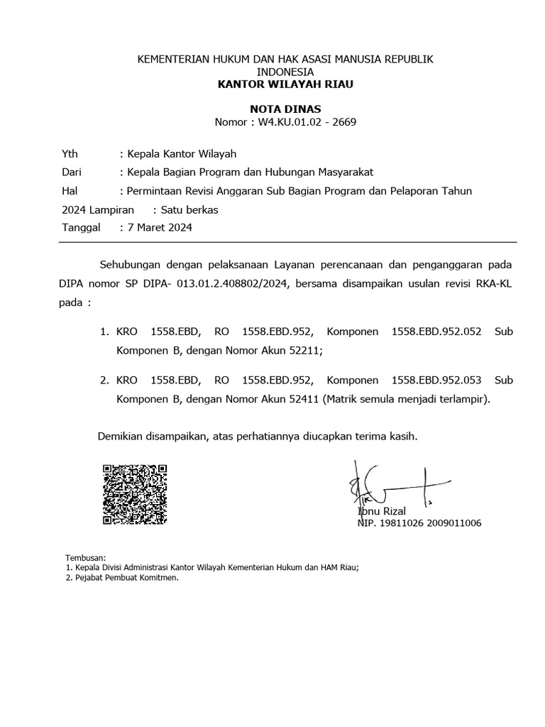 Nota Dinas Revisi Anggaran Subbagian PP - Fix | PDF