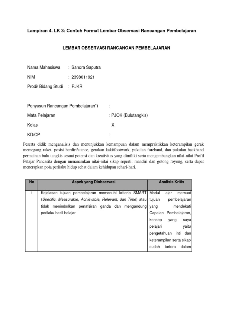 Lampiran 4. LK 3 Contoh Format Lembar Observasi Rancangan Pembelajaran - Siklus 1 (Bulutangkis ...