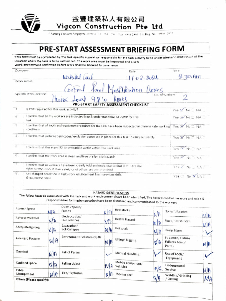 Pre-Start Safety Assessment Form | PDF | Occupational Safety And Health