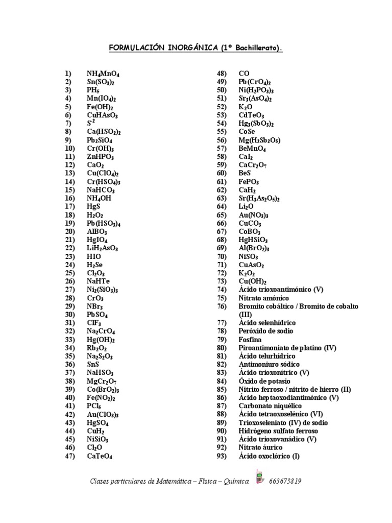 Ejercicios de Formulación Inorgánica