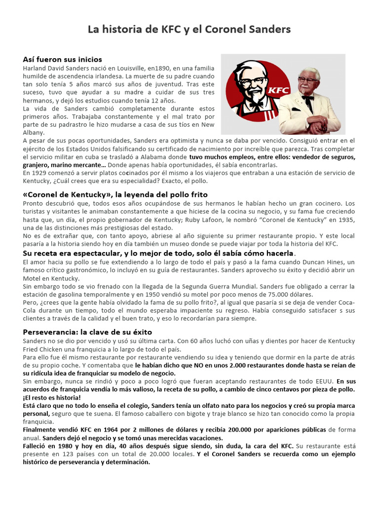 La Historia de KFC y El Coronel Sanders | PDF