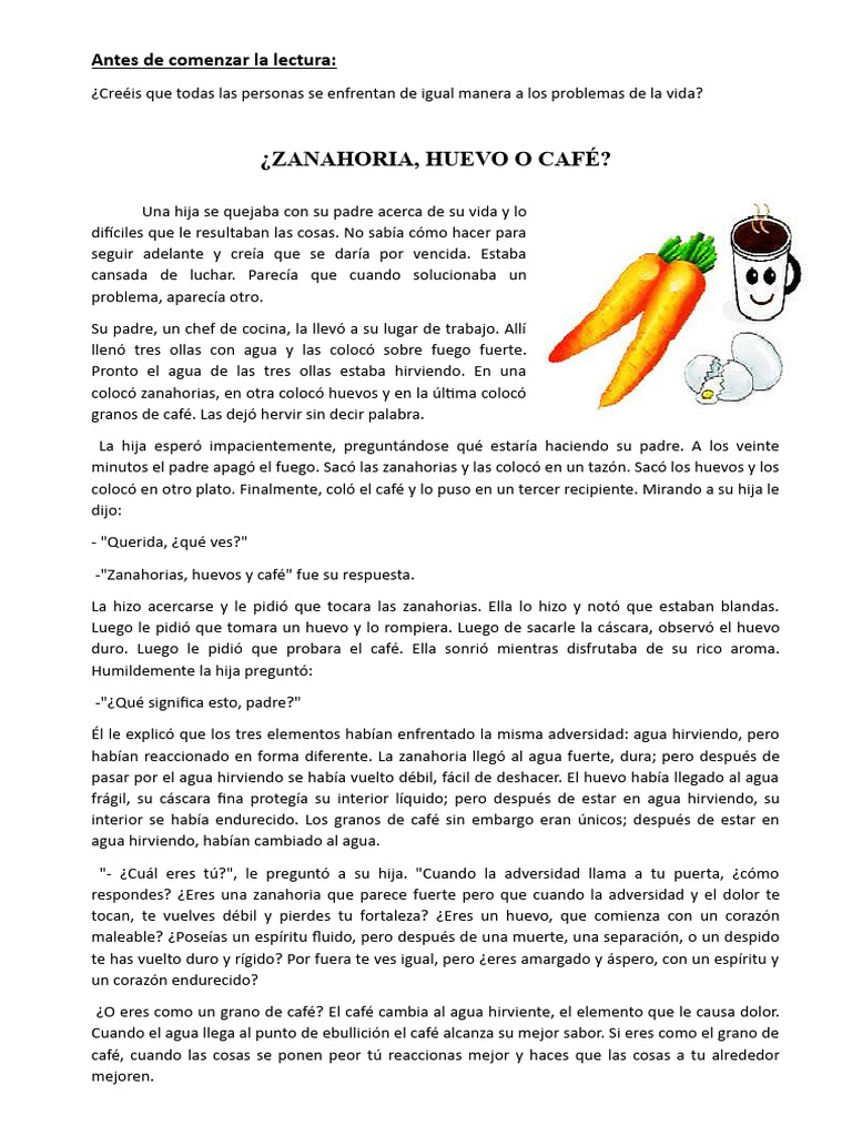 Zanahoria Huevo o Cafe Plan Lector Segundo Grado | PDF | Hirviendo | café