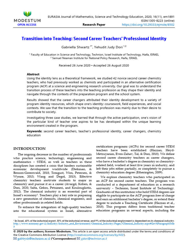 Transition Into Teaching Second Career Teachers Professional Identity ...