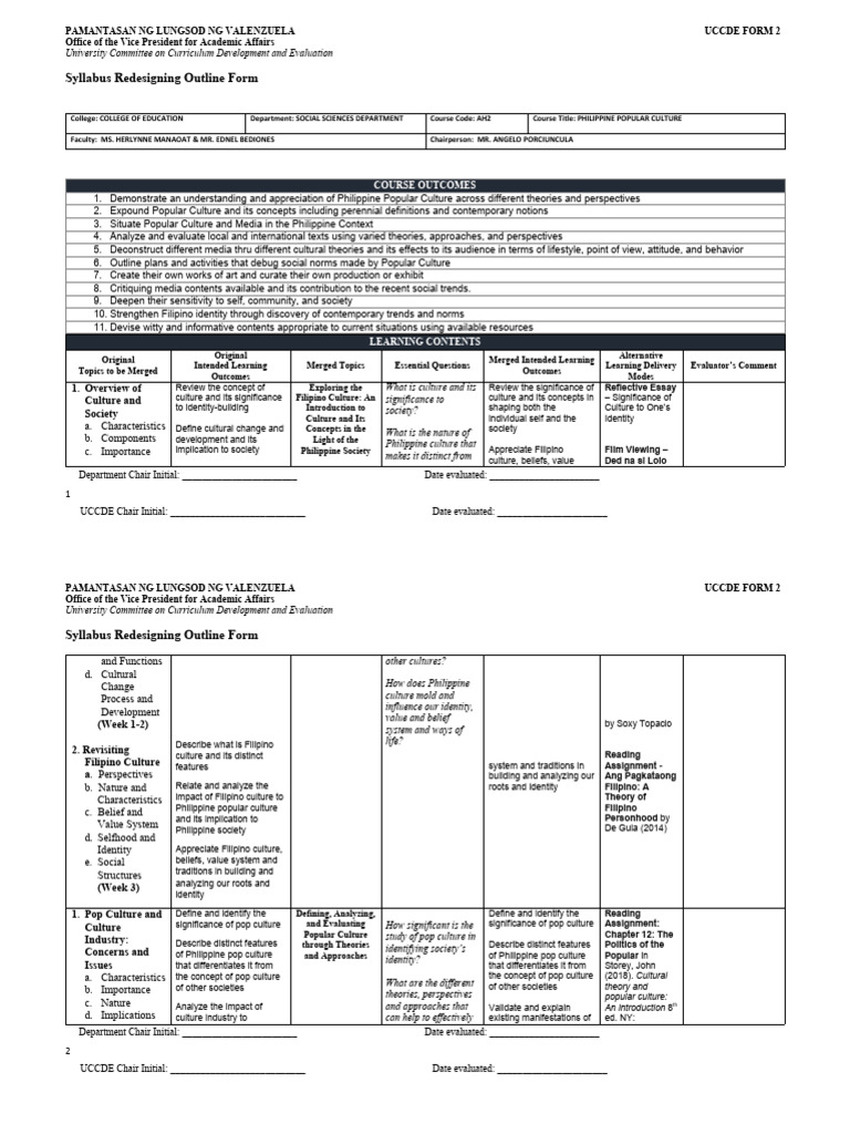 PLV Syllabus Redesigning Form AH2 Phihlippine Popular Culture | PDF ...