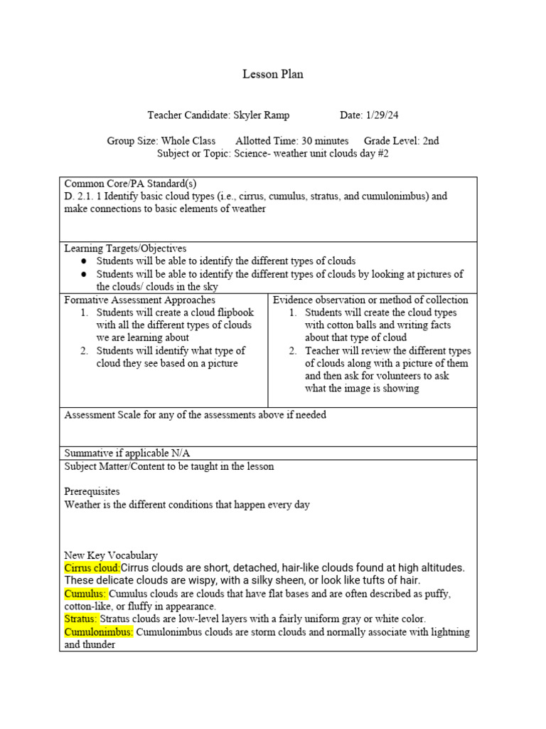 Science - Weather Unit Clouds Day2 | PDF | Cloud | Clouds, Fog And ...