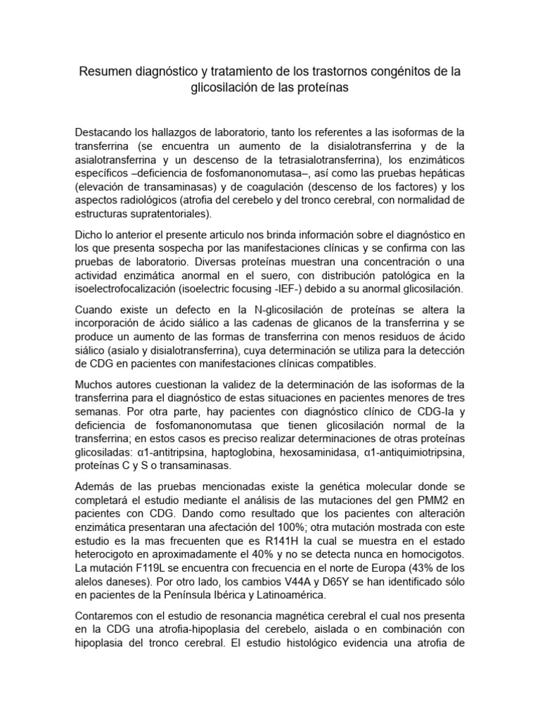 Resumen Diagnostico y Tratamiento de Los Transtornos Congenitos de La Glicolisacion de Proteinas ...