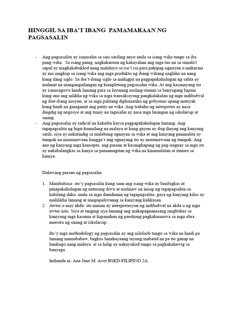 Hinggil Sa Ibat Ibang Pamamaraan NG Pagsasalin Group 2 | PDF