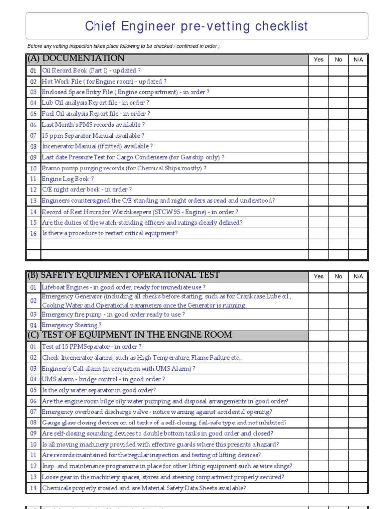 Chief Engineer Pre-Vetting Checklist