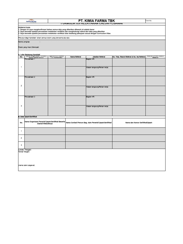 TEMPLATE FORM UJI KELAYAKAN CAPEG - 2023 | PDF