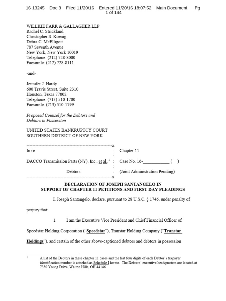 Declaration of Joseph Santangelo in Support of Chapter 11 Petitions and ...