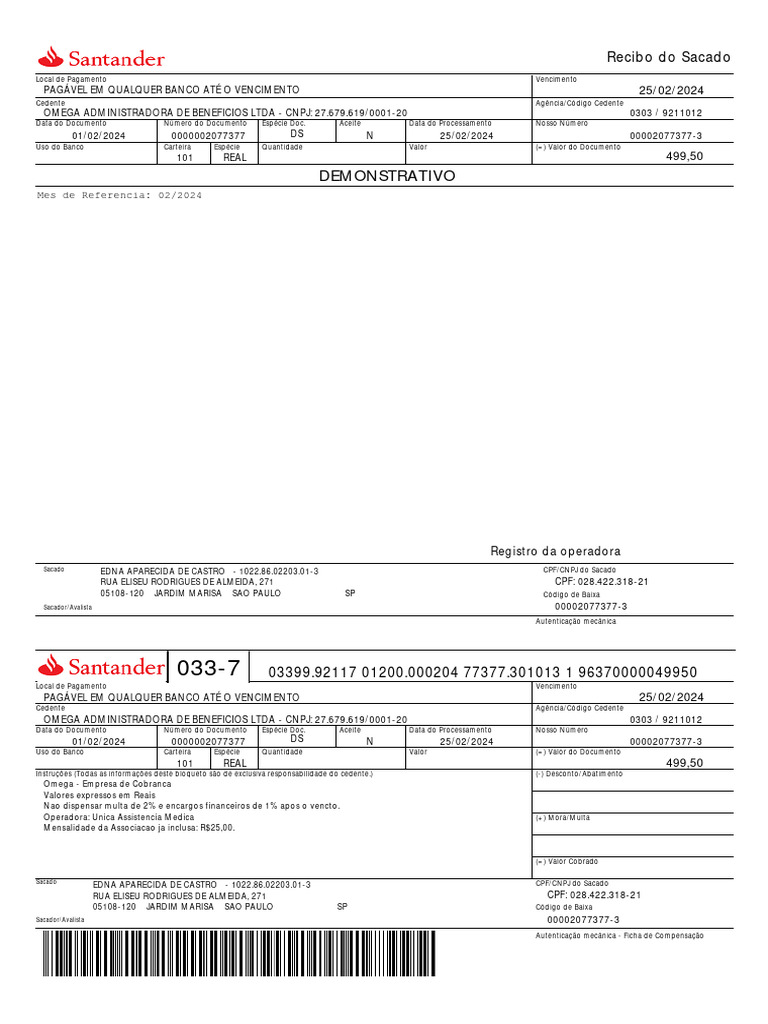 Recibo Do Sacado: Demonstrativo | PDF