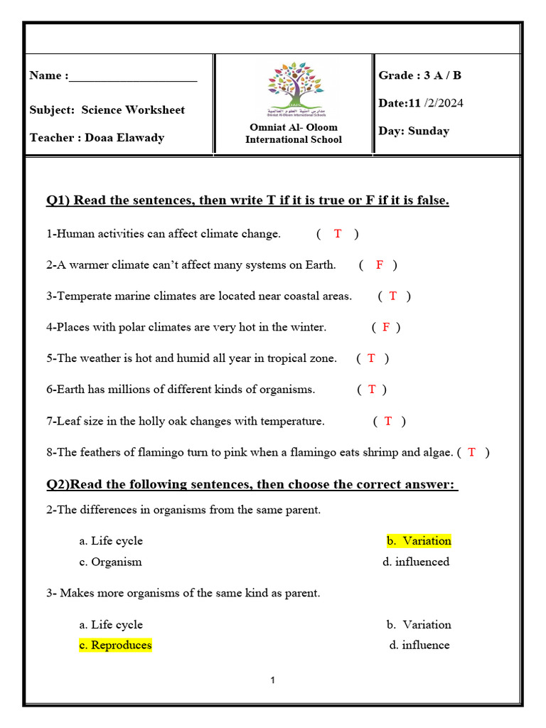 Final Exam Worksheet With Answer Key - gr3 | PDF | Climate | Plants