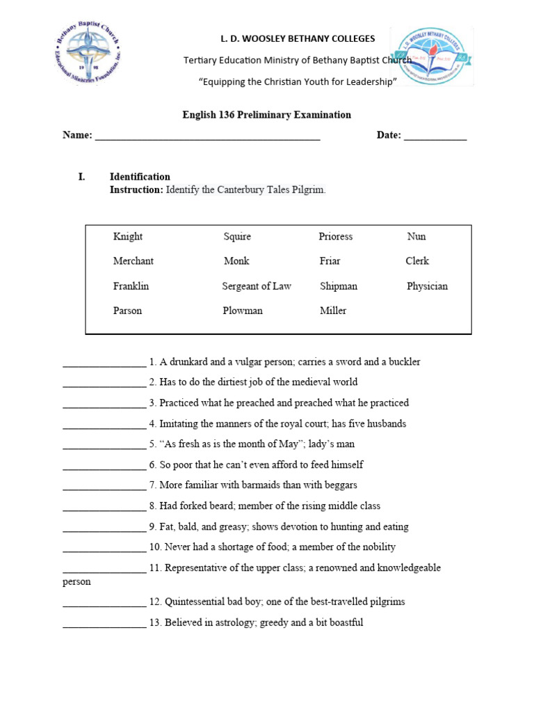 Eng 136 Prelims Examination | PDF | The Canterbury Tales | English ...