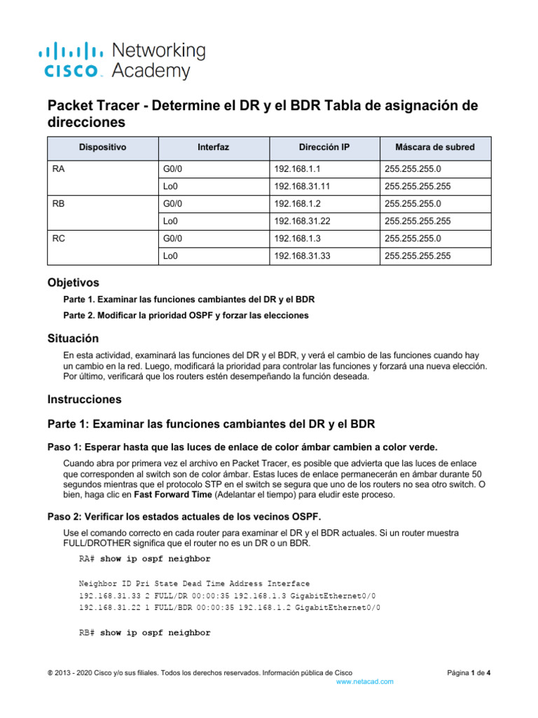 Packet Tracer - Determine El DR y El BDR Tabla de Asignación de Direcciones | PDF | Enrutador ...
