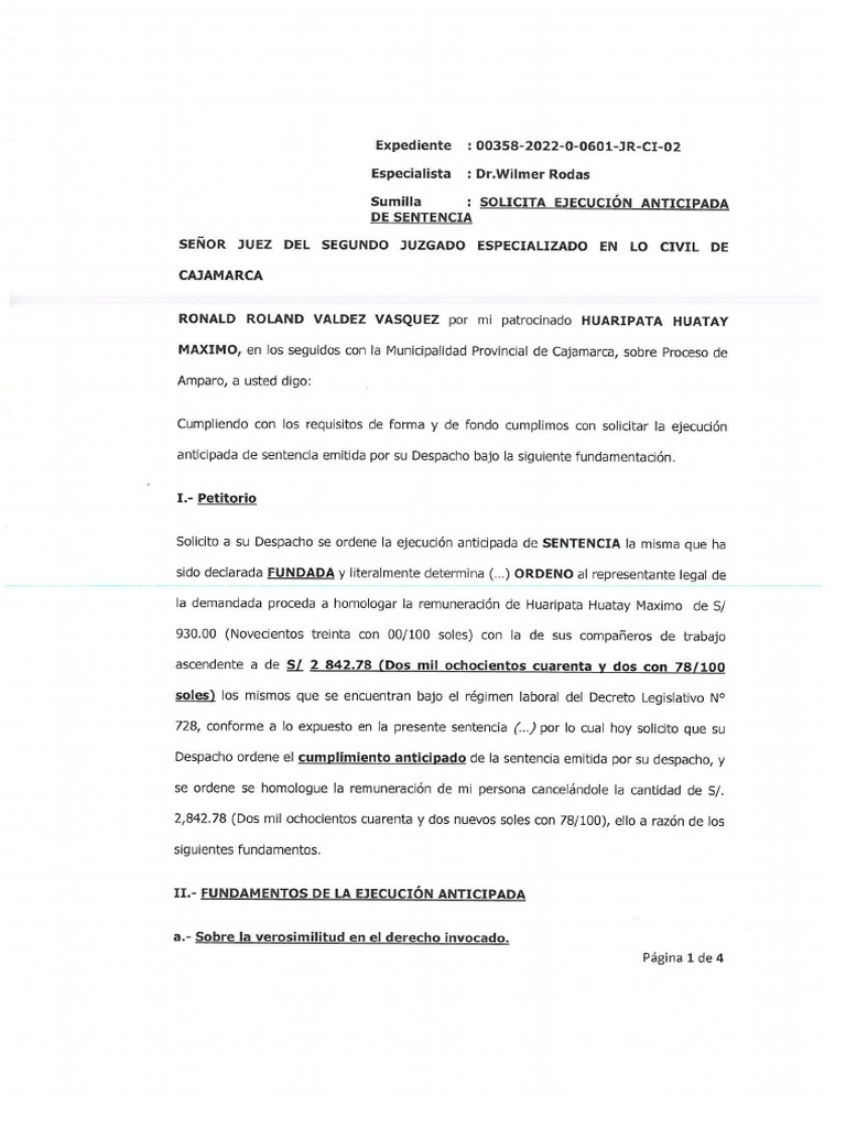 Escrito Ejecución Anticipada de Sentencia | PDF