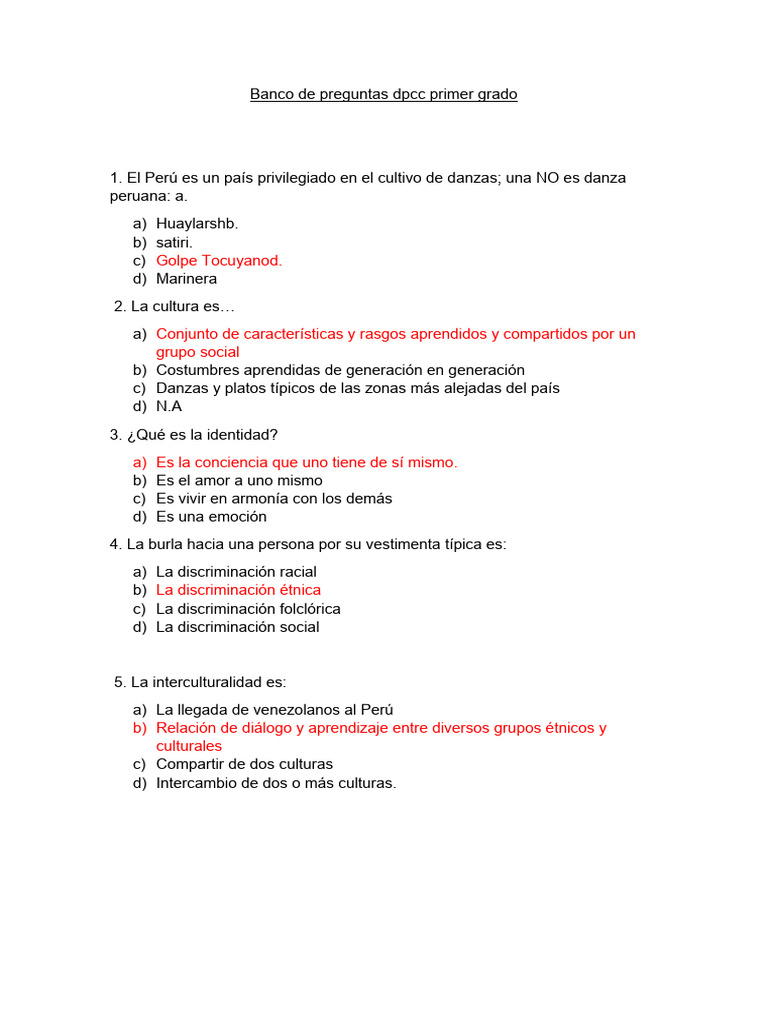 Banco de Preguntas DPCC de Primero A Quinto | PDF | Autoestima | Motivación