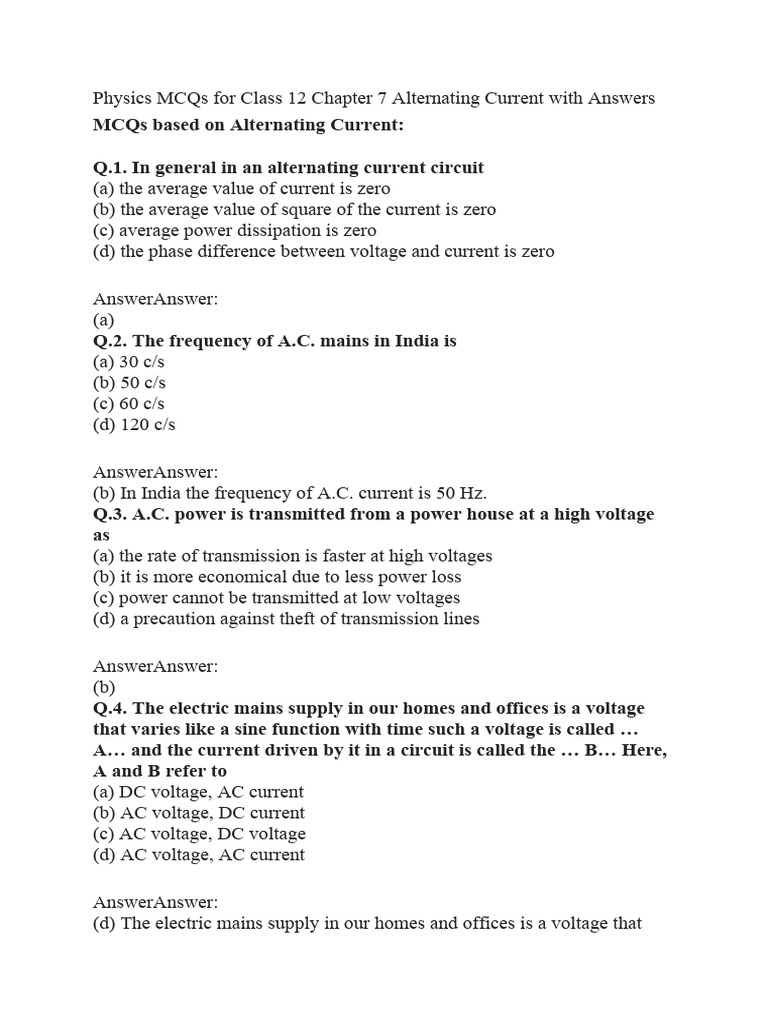Physics MCQs for Class 12 Chapter 7 Alternating Current With Answers-1 | PDF | Capacitor ...