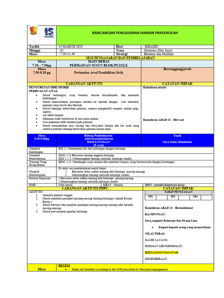 05 Rancangan Pengajaran Harian Prasekolah Khamis 14 Mac 2024 | PDF
