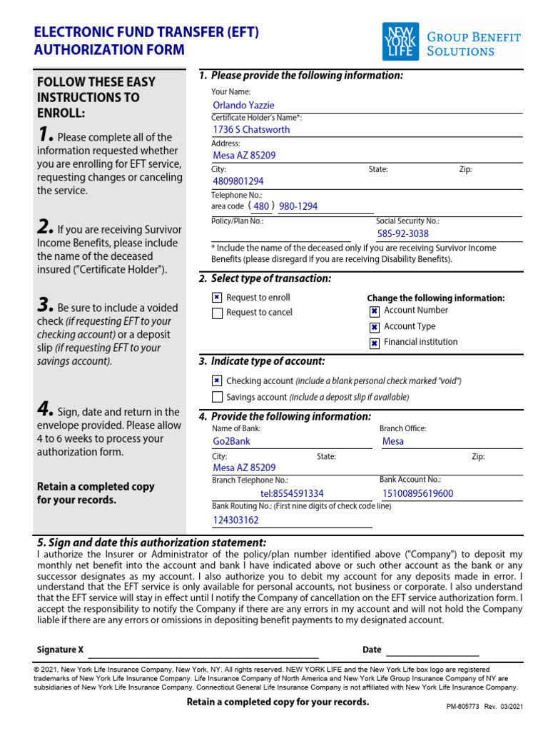 Electronic Fund Transfer Authorization | PDF | Cheque | Banks