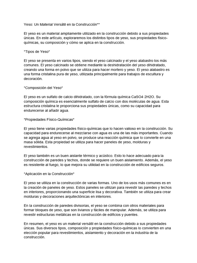 Yeso en Construcción: Tipos y Usos | PDF | Yeso | Materiales