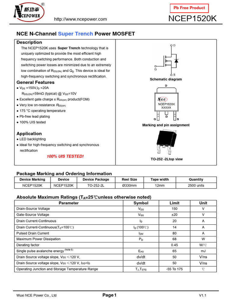 NCEP1520K NCEPowerSemiconductor | PDF | Field Effect Transistor | Electrical Engineering