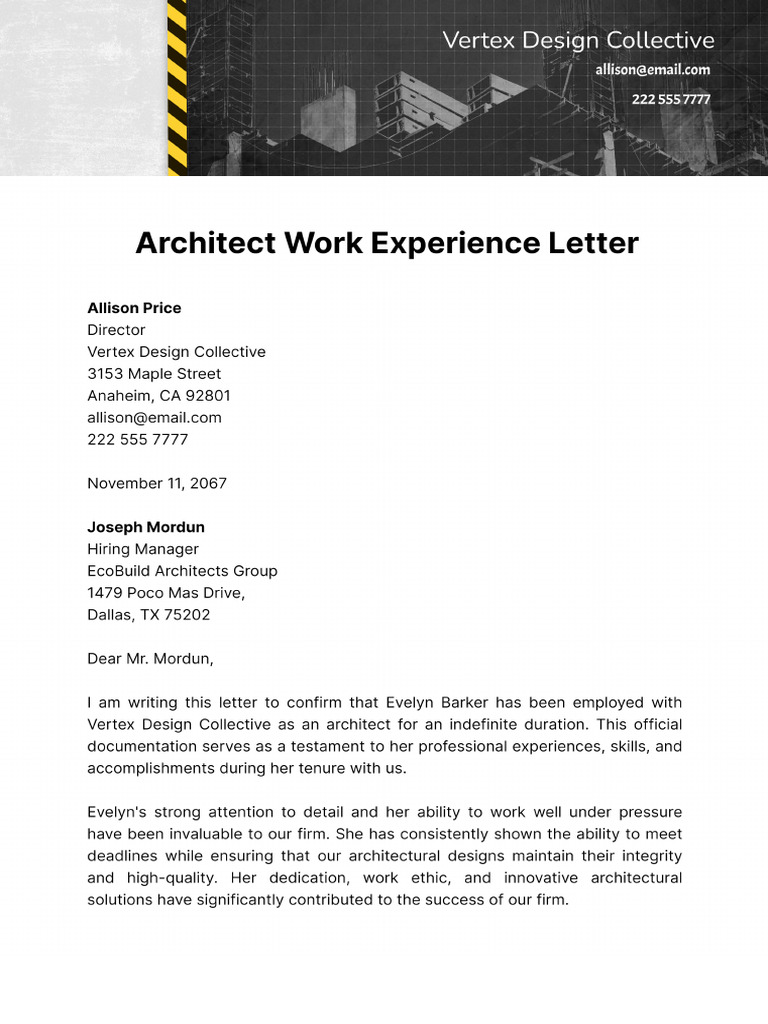 Architect Work Experience Letter Template - Edit Online & Download ...