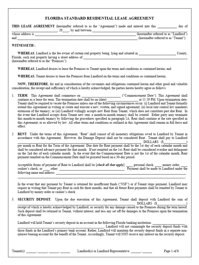 Florida Residential Standard Lease Agreement | PDF | Leasehold Estate ...
