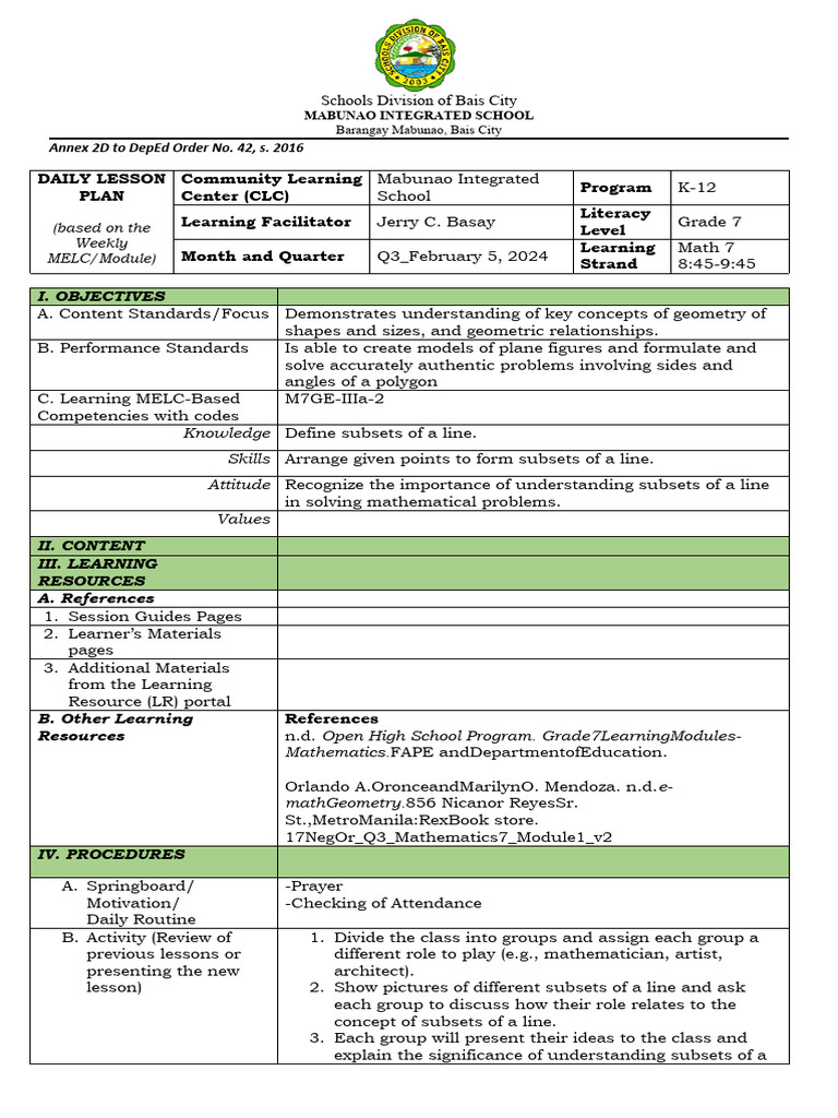 Lesson Plan in Math 7 (Q3W1-Day 2) | PDF | Learning | Mathematics