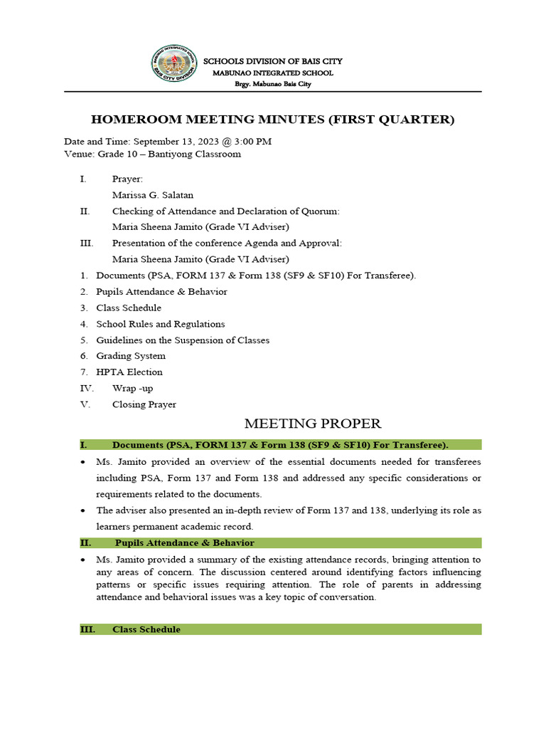 1st Homeroom Meeting - Grade 10 Bantiyong | PDF | Learning