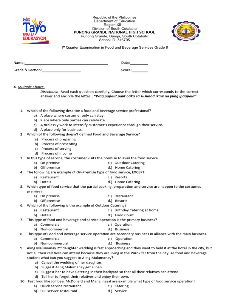 Grade 8 FBS Exam Questions | PDF | Tableware | Foods