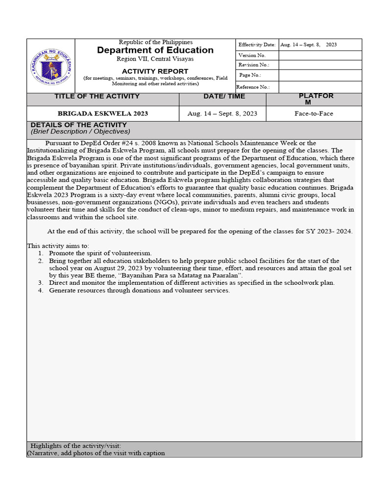 Accomplishment Report - Brigada Eskwela 2023 | PDF