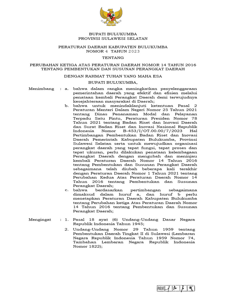 Perda No.4 Tahun 2023 Tentang Pembentukan Dan Susunan Perangkat Daerah ...
