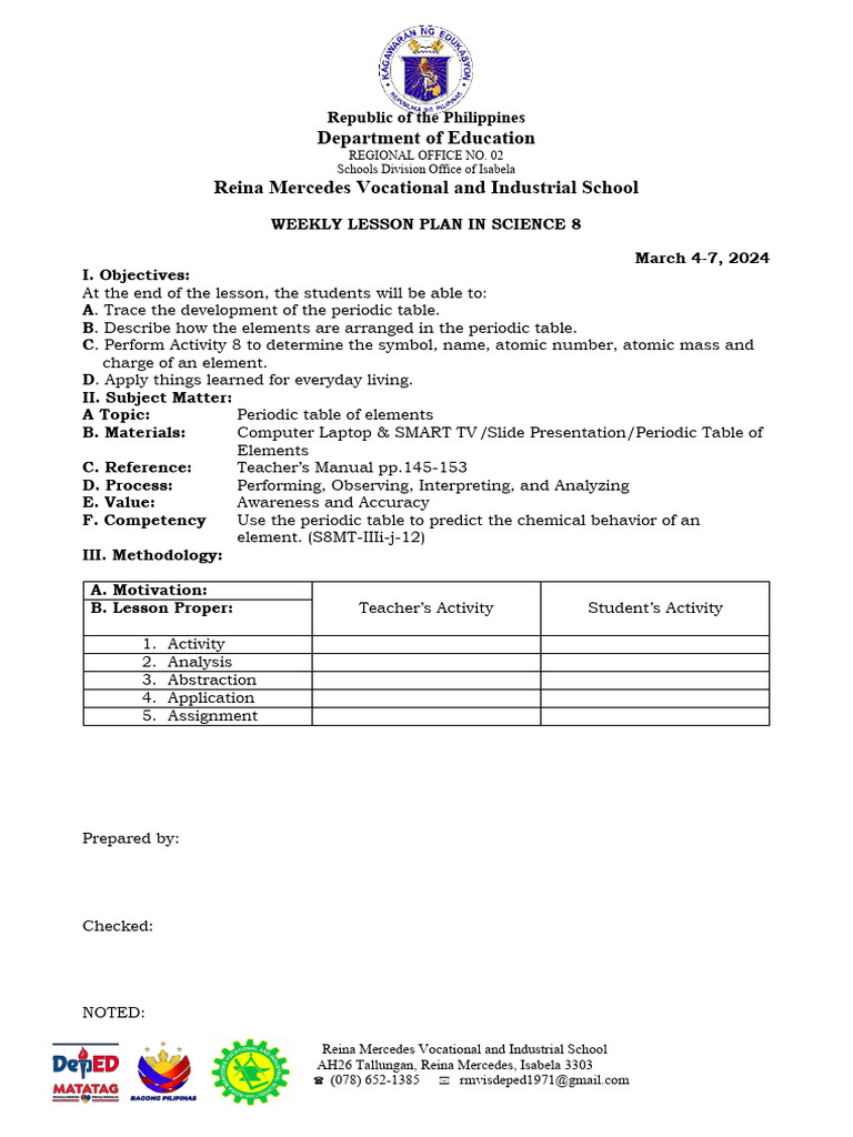 Grade 8 Science: Periodic Table Lesson Plan | PDF