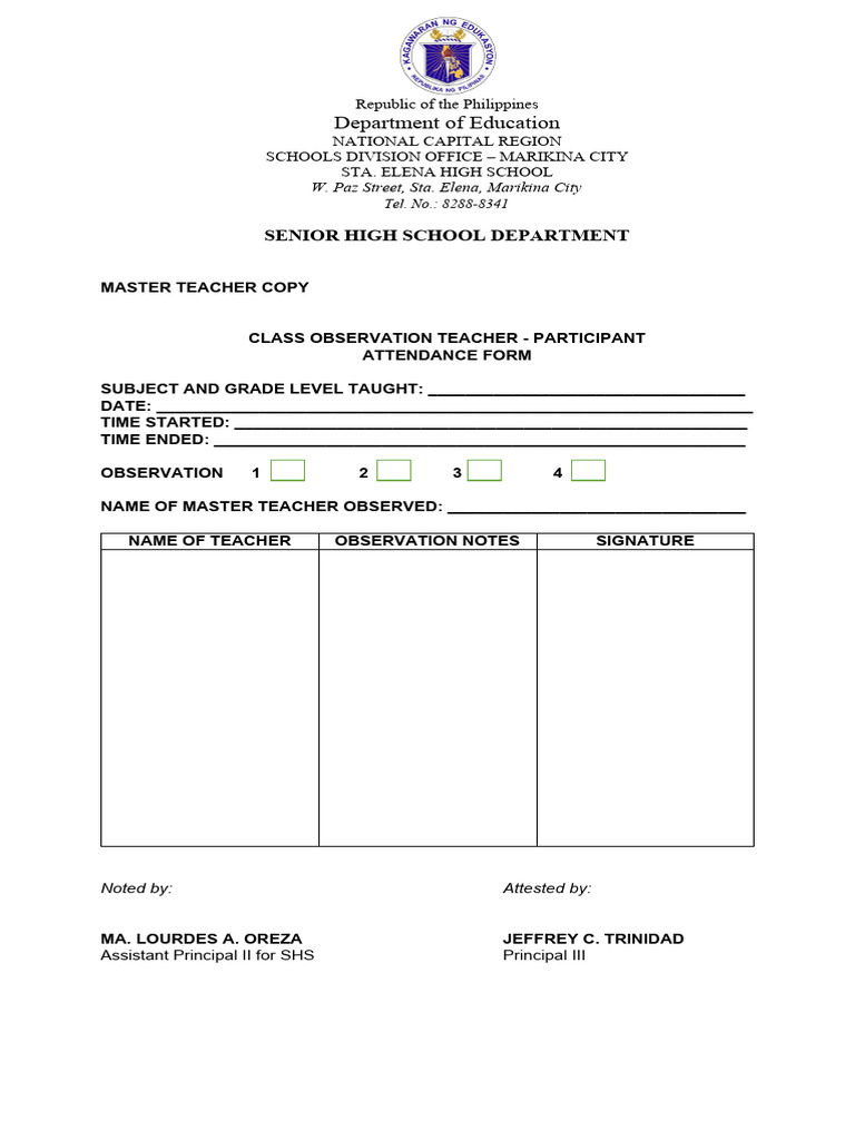 CLASS OBSERVATION TEACHER - PARTICIPANT ATTENDANCE FORM | PDF
