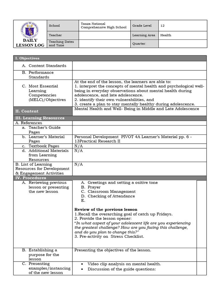 Mental Health Plans for Adolescents | PDF | Stress (Biology) | Learning