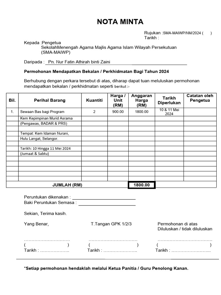 Nota Minta Pengangkutan Asrama | PDF