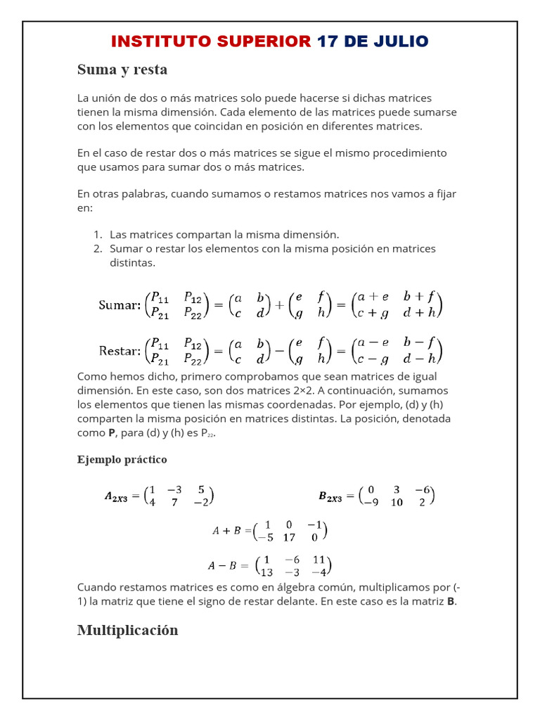 Suma y Resta | PDF | Matriz (Matemáticas) | Multiplicación