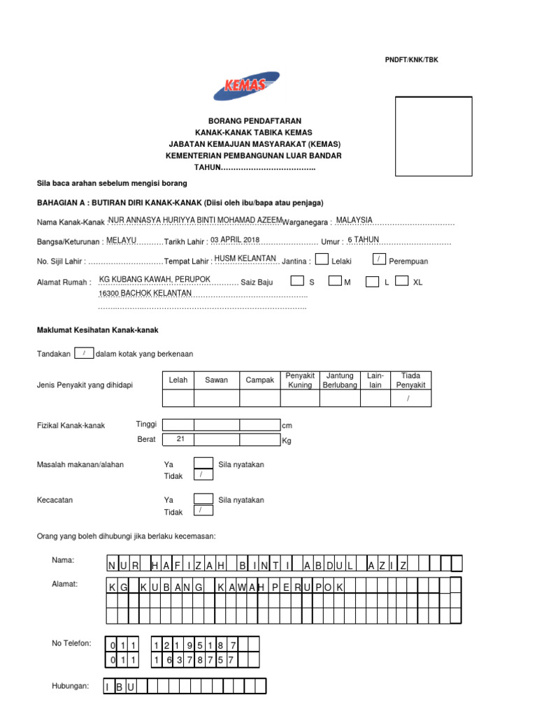 Borang Pendaftaran Tabika New | PDF