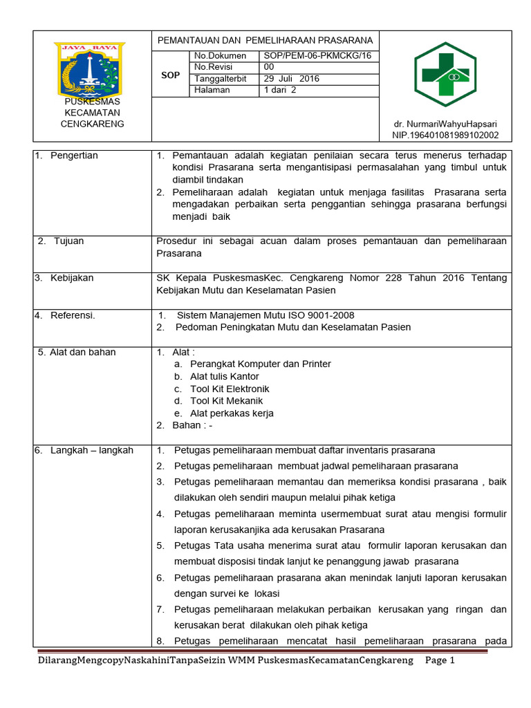 SOP Pemantauan Dan Pemeliharaan Prasarana | PDF