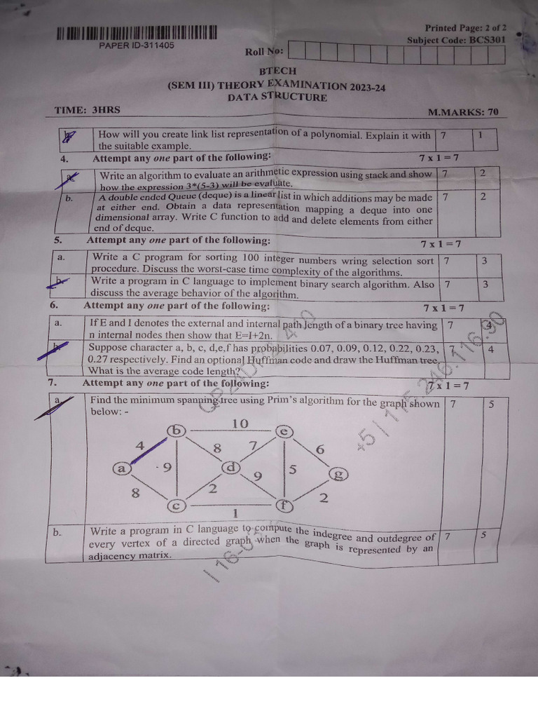 Data Structure Exam Paper 2024 | PDF