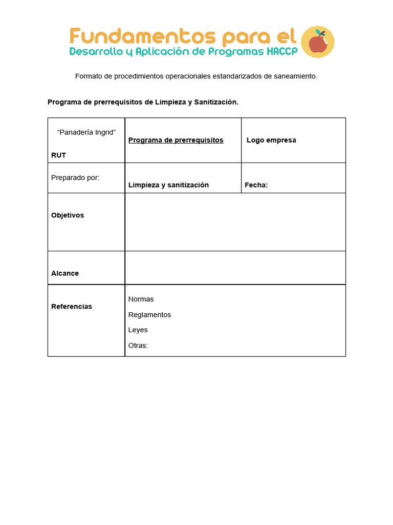 Formato de Procedimientos Operacionales Estandarizados de Saneamiento ...