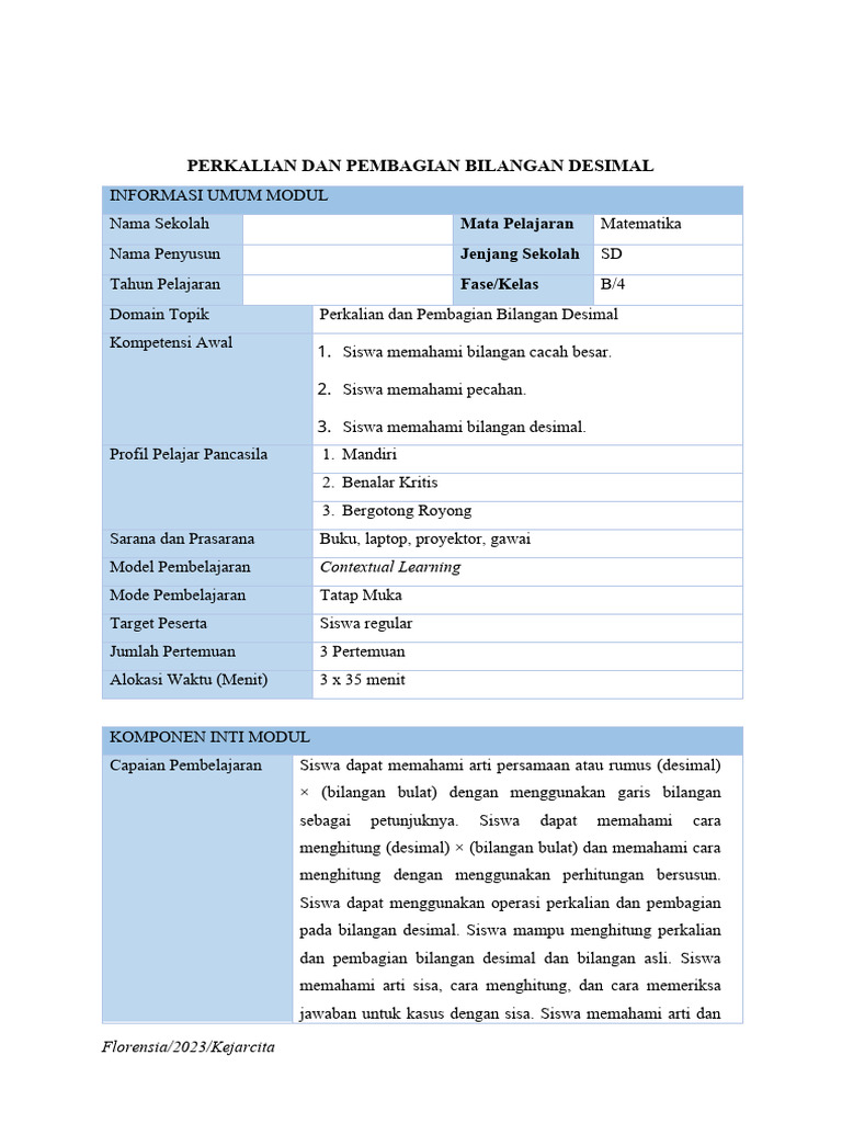 Modul Ajar - Fase B - Kelas 4 - Matematika - Perkalian Dan Pembagian Bilangan Desimal | PDF ...