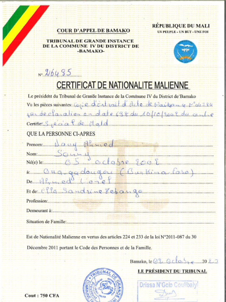 Certficat de Nationalité Malienne - Davy | PDF