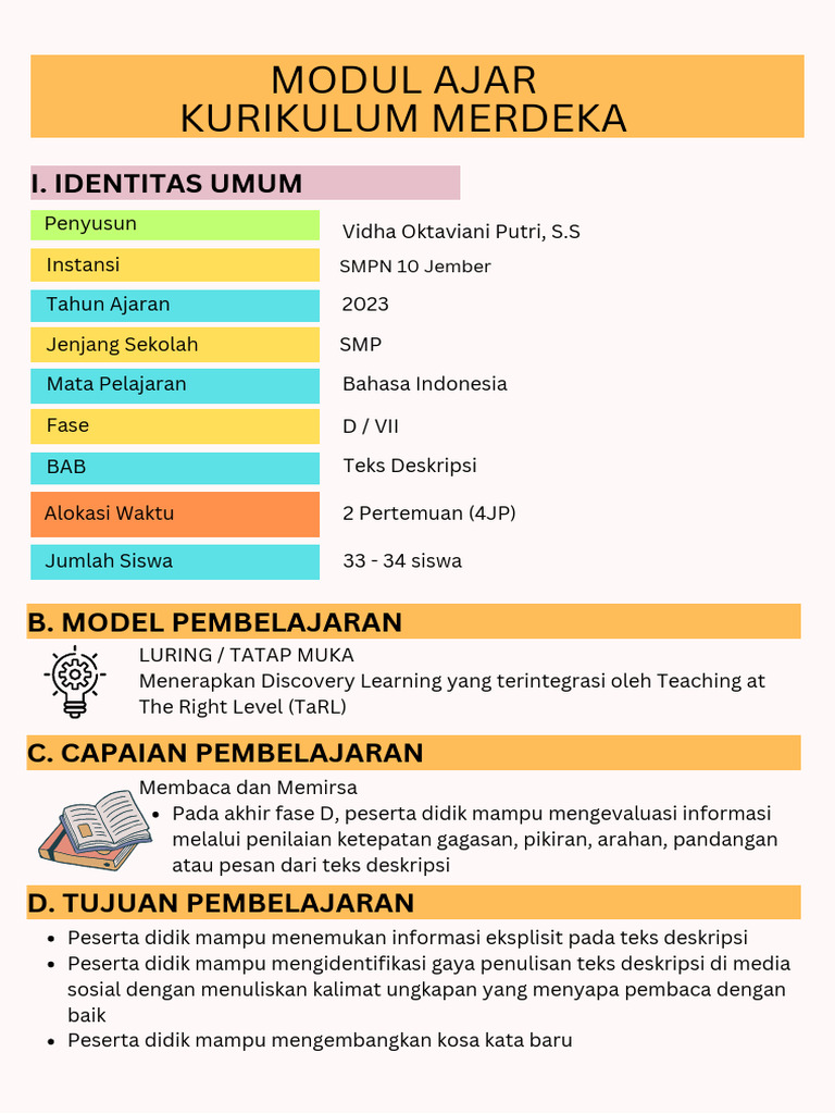 Modul Ajar Teks Deskripsi Pertemuan Pertama | PDF