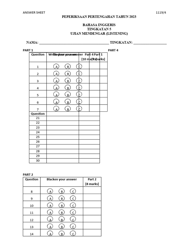 SPM Listening Test Answer Sheet 2023 | PDF
