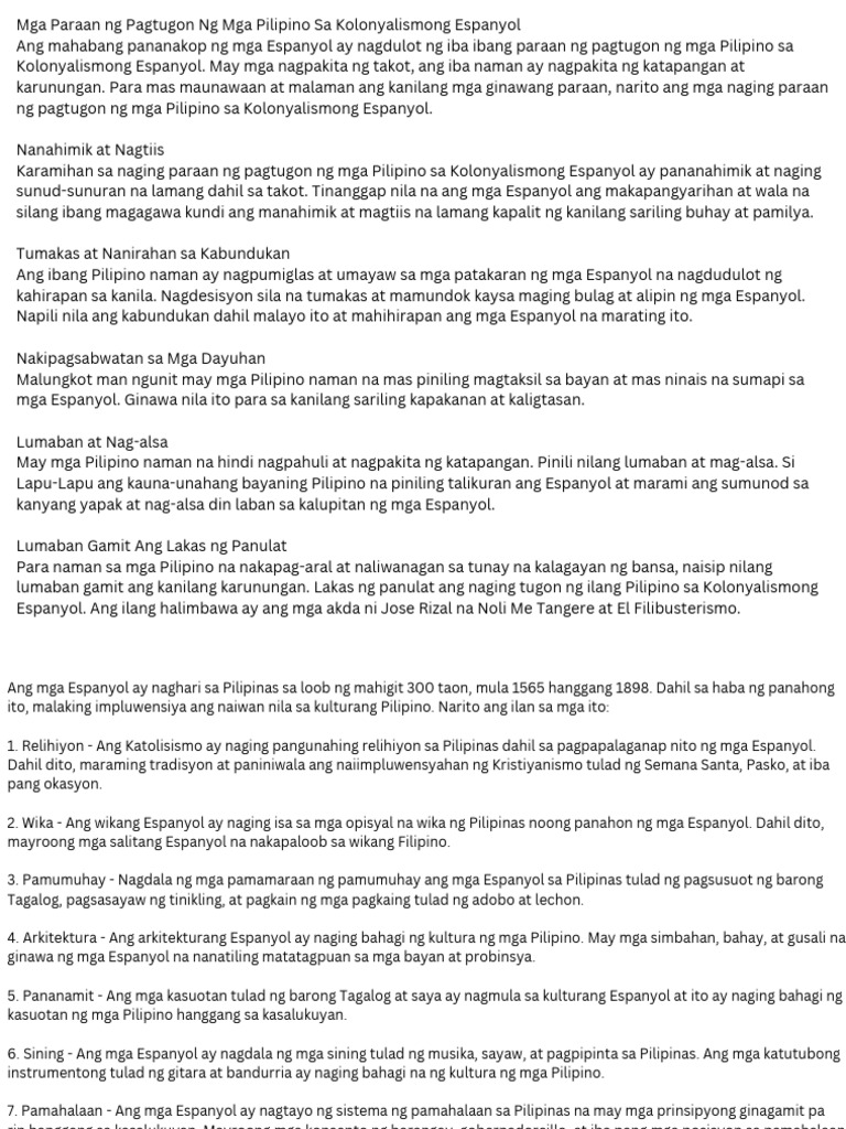 Mga Paraan NG Pagtugon NG Mga Pilipino Sa Kolonyalismong Espanyol Ang ...